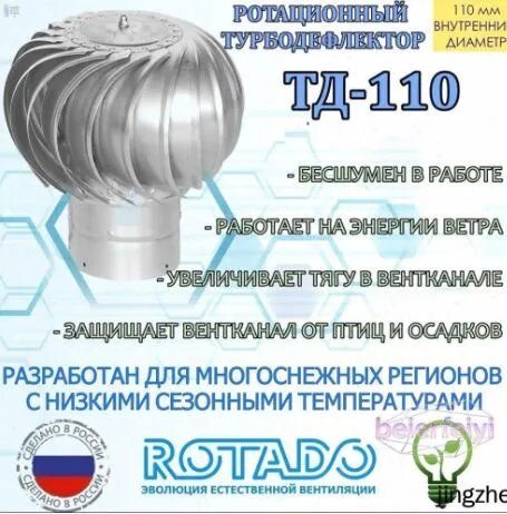 Ротационный турбодефлектор ТД-110, внутренний диаметр 110 мм, естественная вентиляция для дымоходов и вентканалов