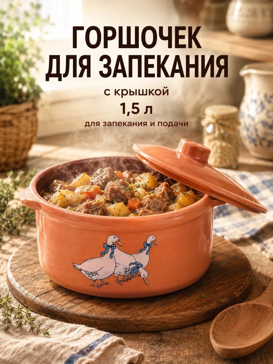 Горшочек для запекания - сотейник Ломоносовская керамика «Гуси», 1.5 л, оранжевый