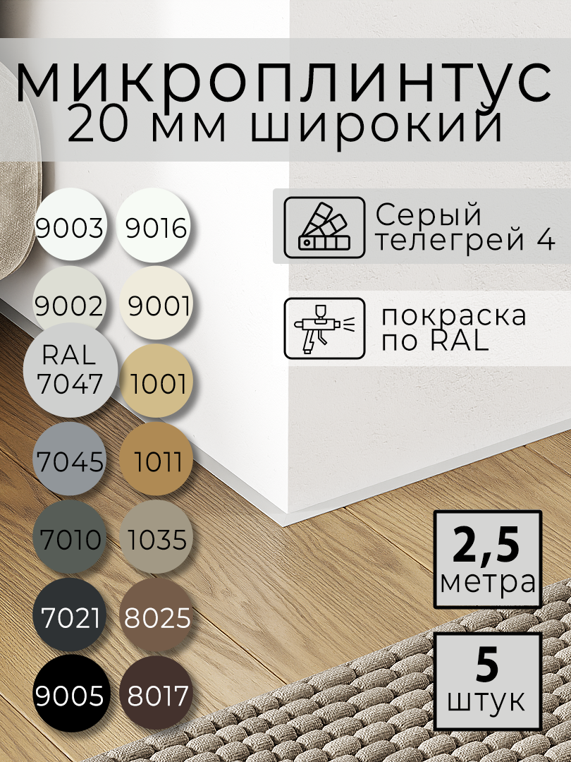 Микроплинтус фесо широкий 20 мм Серый Телегрей 4 RAL 7047 2,5 метра