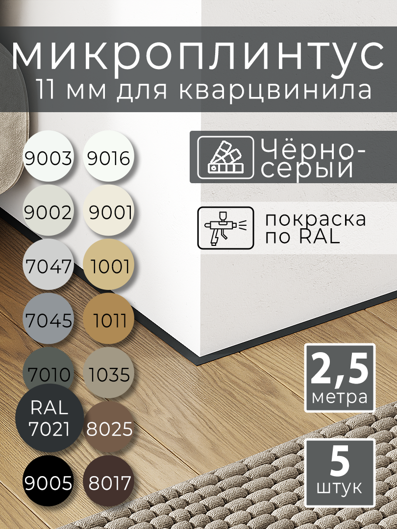Микроплинтус 11 мм для кварцвинила Чёрно-серый 1 RAL 7021 (2.5 метра)