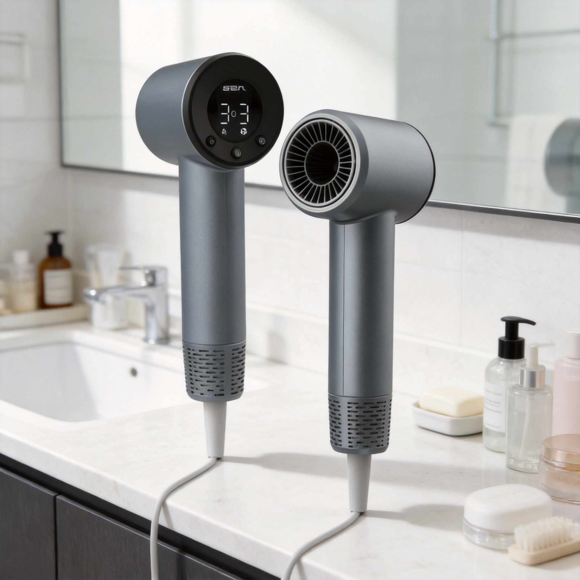 Фен для волос профессиональный HD757 Pro, 1200 Вт, скоростей 3, температура 4, с насадками И кронштейн белым, серый