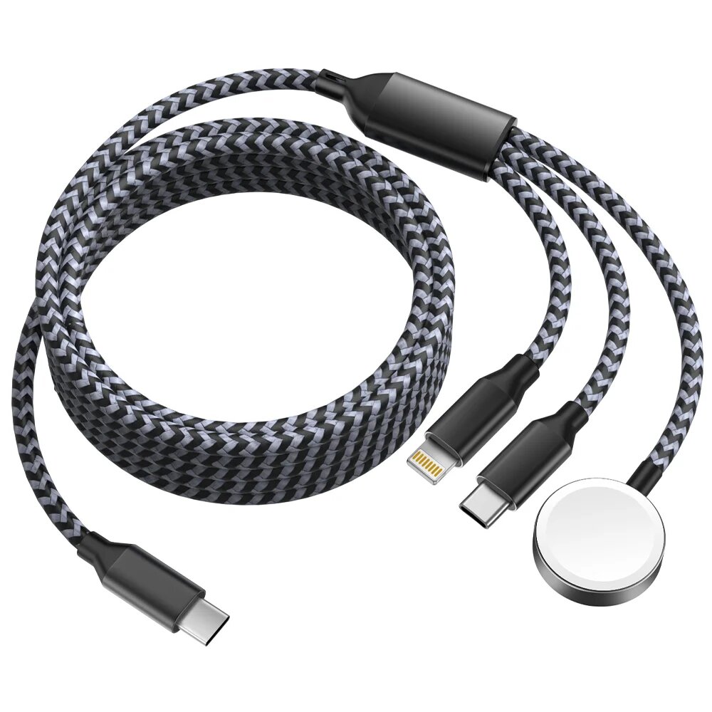 3-в-1 магнитный кабель Lightning/Type-C/MagSafe, черный, 1.2м