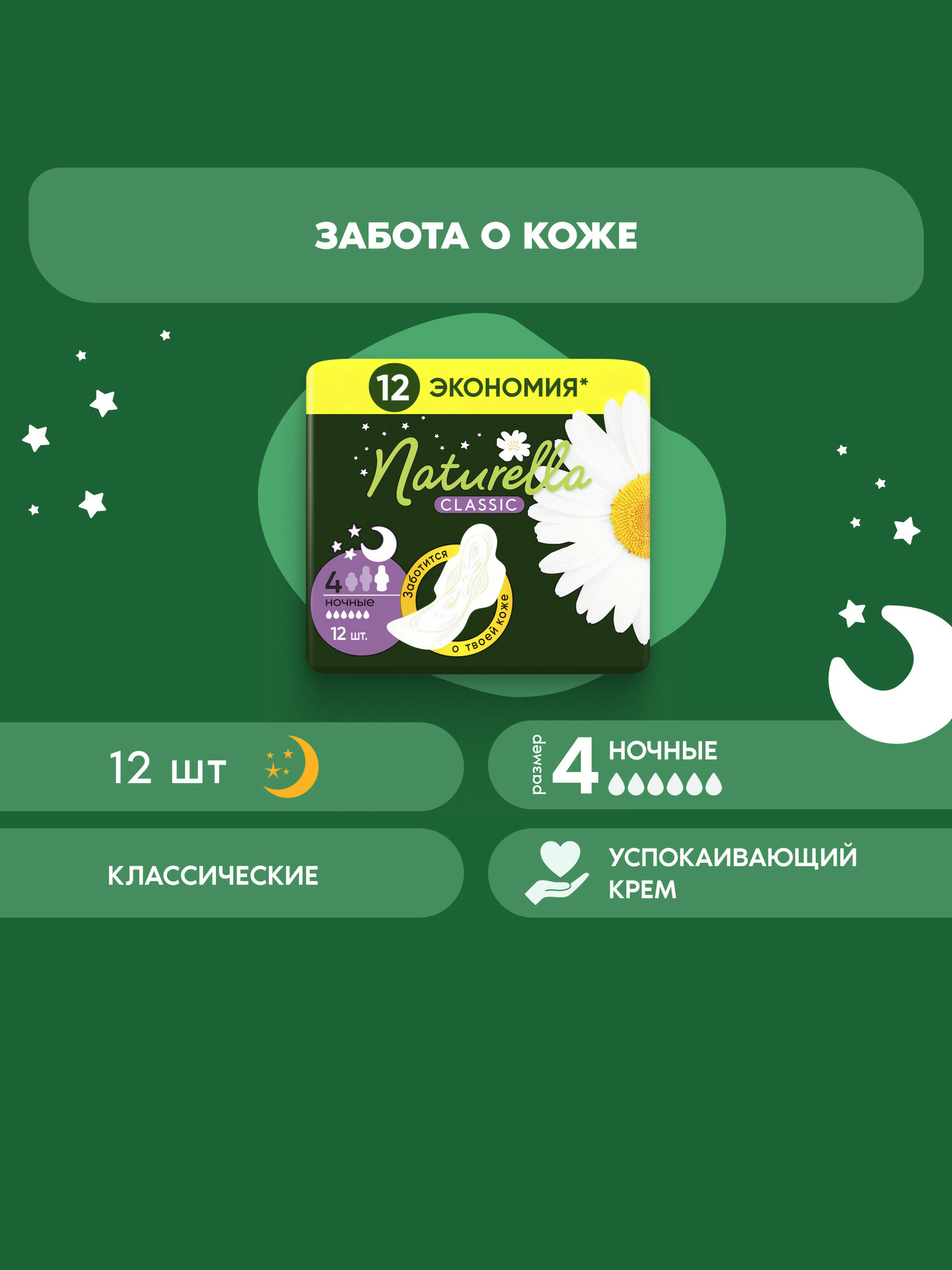Прокладки женские Naturella Классические Ночные, размер 4, 12 шт.