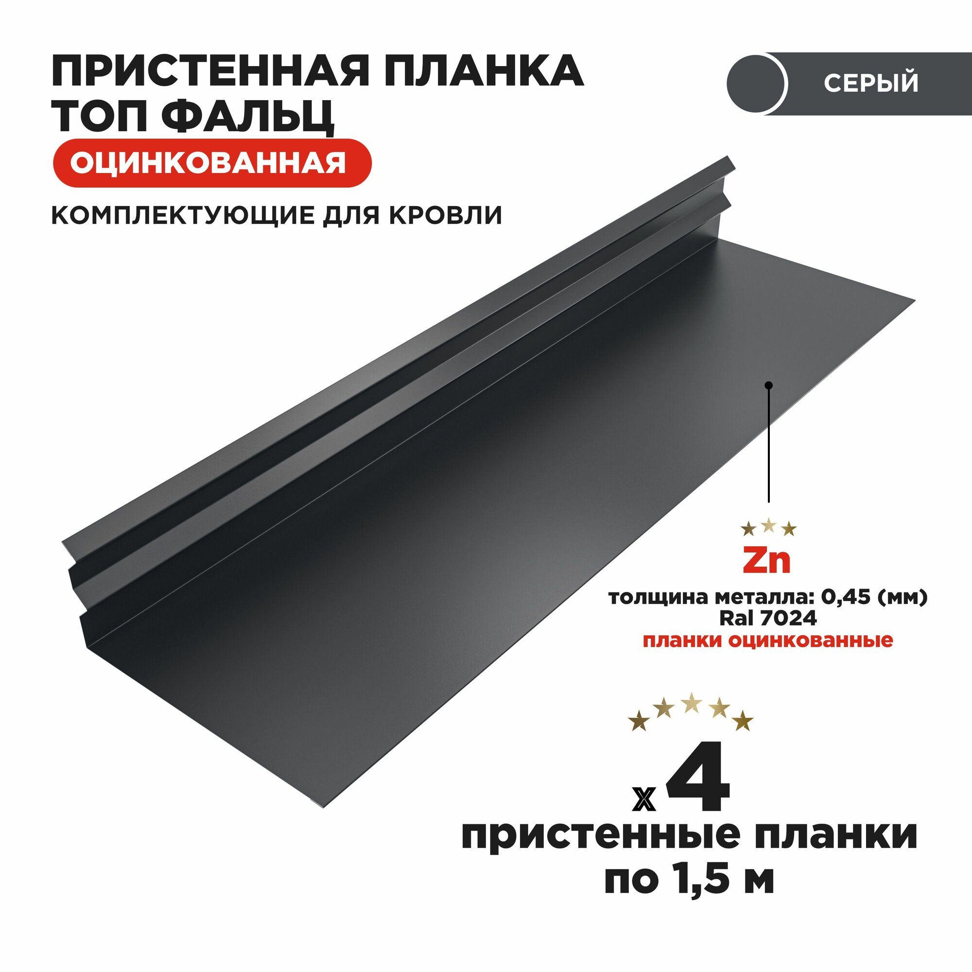 Пристенная планка для фальцевой кровли. Топфальц. Комплект из 4 штук. Длина 1.5м RAL 7024 Серый графит