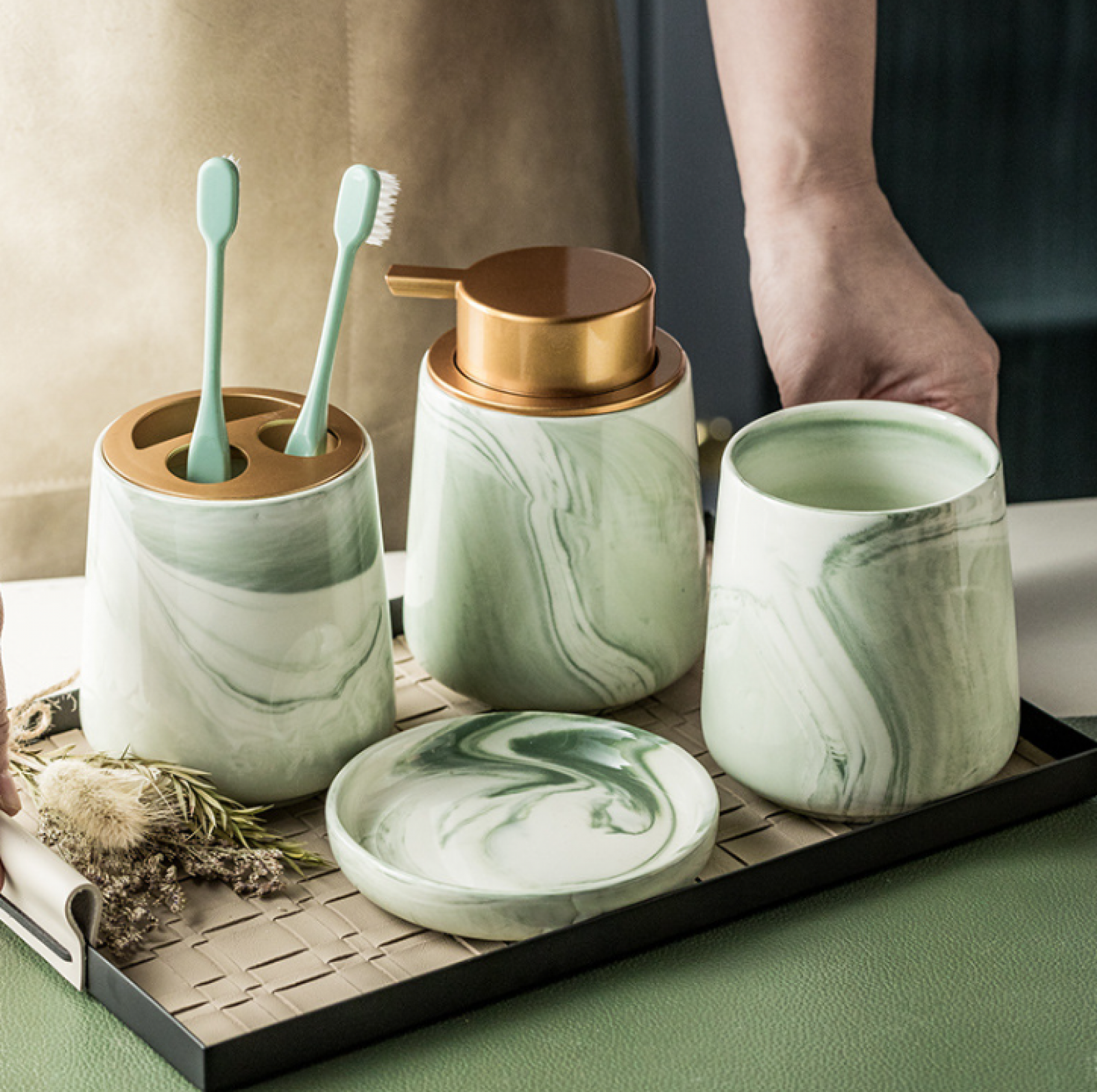 Набор аксессуаров для ванной MyPads Y572284 из керамики с мраморным зеленым дизайном