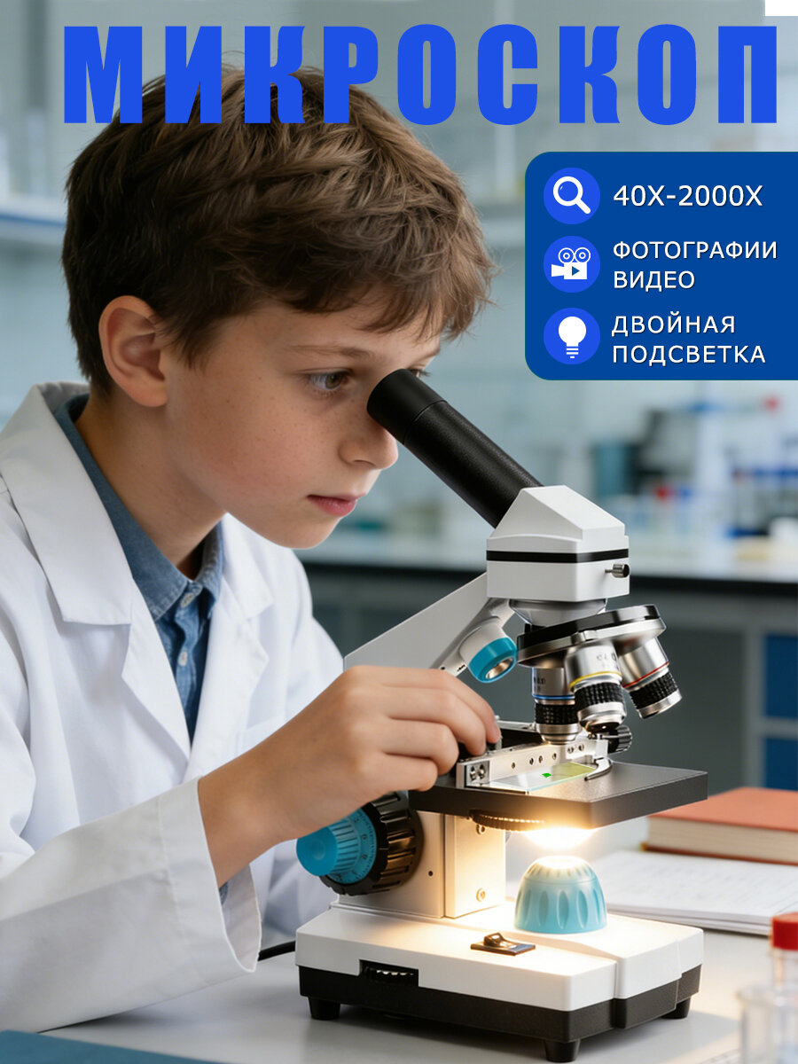 Микроскоп профессиональный для школьника детский школьный с набором для исследований