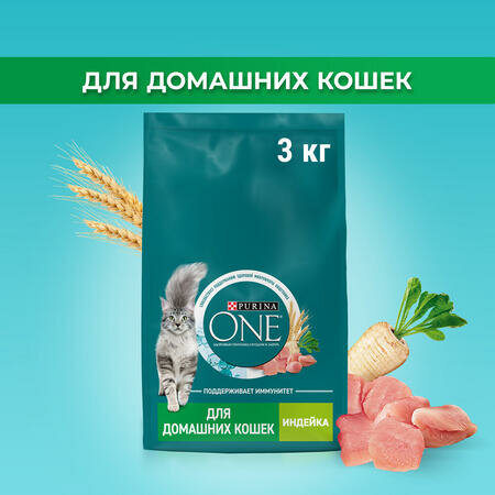 Purina ONE 2 шт по 3 кг сухой корм для взрослых кошек, живущих в домашних условиях, с высоким содержанием индейки и цельными злаками