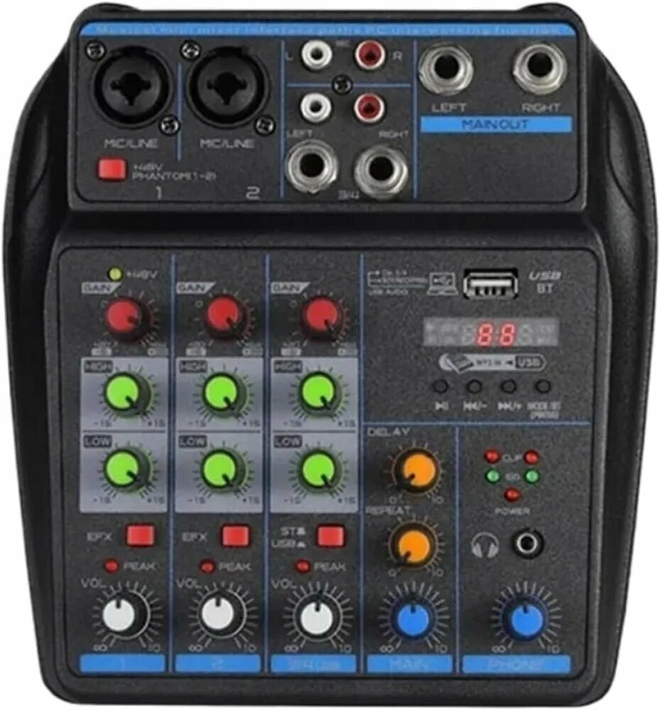 Микшерный пульт, 4-канальный, с Bluetooth и 48V фантомным питанием.