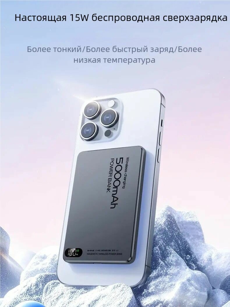 Магнитный внешний аккумулятор 5000 мАч MagSafe, ультратонкий 1 см, 15W беспроводная быстрая зарядка, N52 сильный магнит, лёгкий 128 г, не закрывает камеру, AI защита, компактный аккумулятор