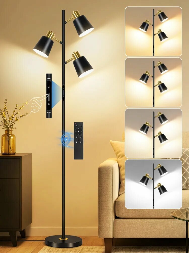 Outon: Умный торшер с пультом и 3 абажурами, черный, 170 см, регулировка цвета света (4 режима), металл