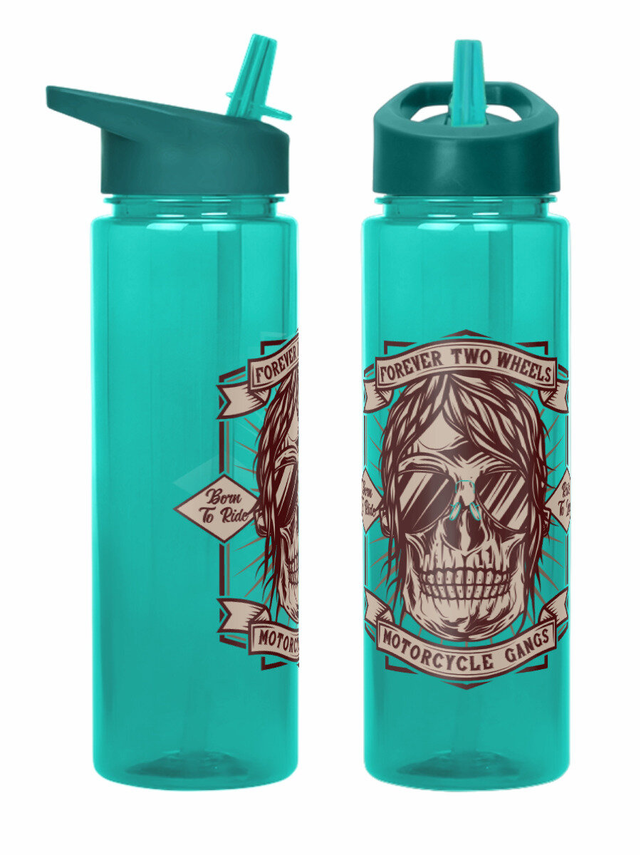 Бутылка бирюзовая для воды с принтом Череп байкер в очках. Скелет, мотоцикл