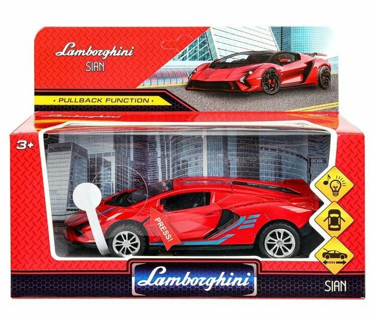 Машинка Huada Toys модель инерционная Lamborghini Sian 14,9 см, металл, свет, звук, открываются двери и багажник, от 3 лет, 2301C0045-R