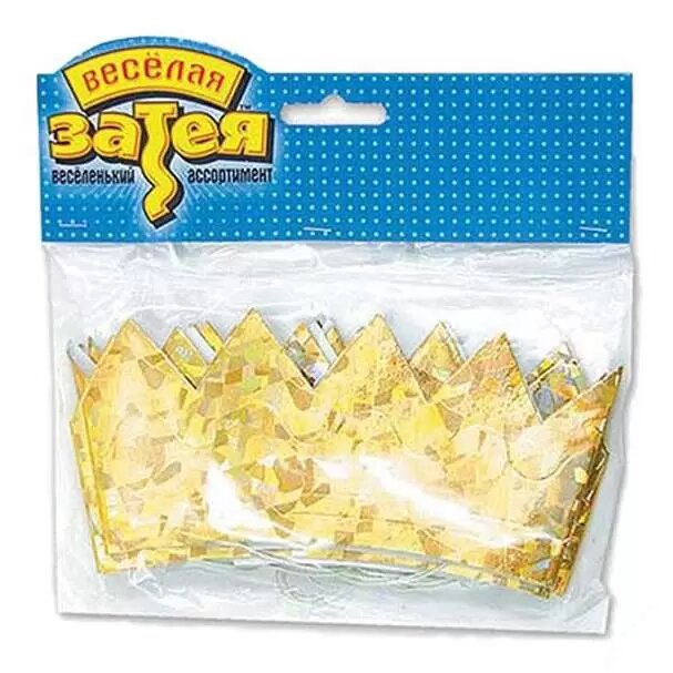 Корона Весёлая Затея 1501-0399, голографическая, малая, золотая, 5 шт