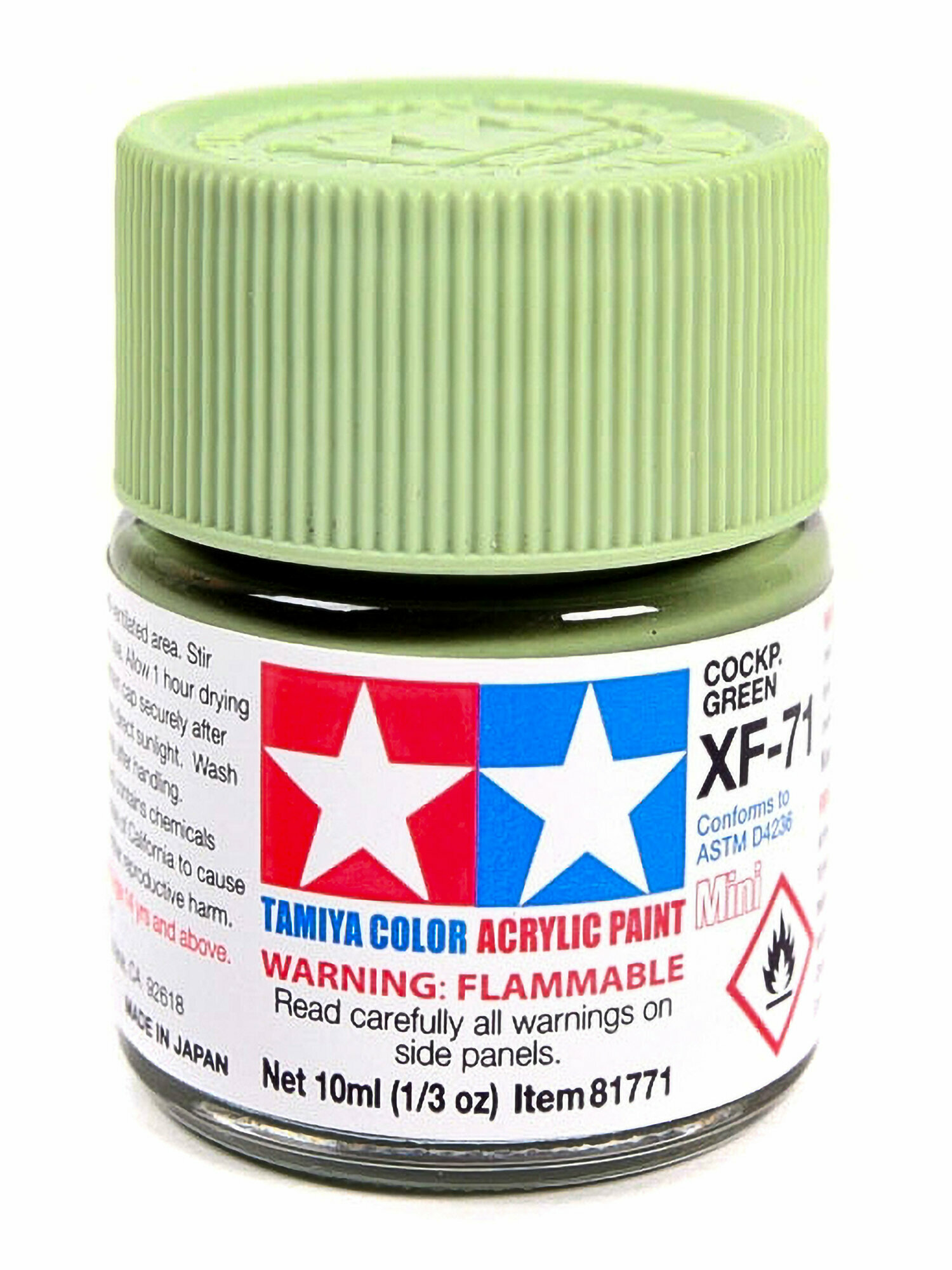 Краска акриловая Tamiya Color XF-71 Cockpit Green 81771 интерьерная зеленая матовая, 10 мл