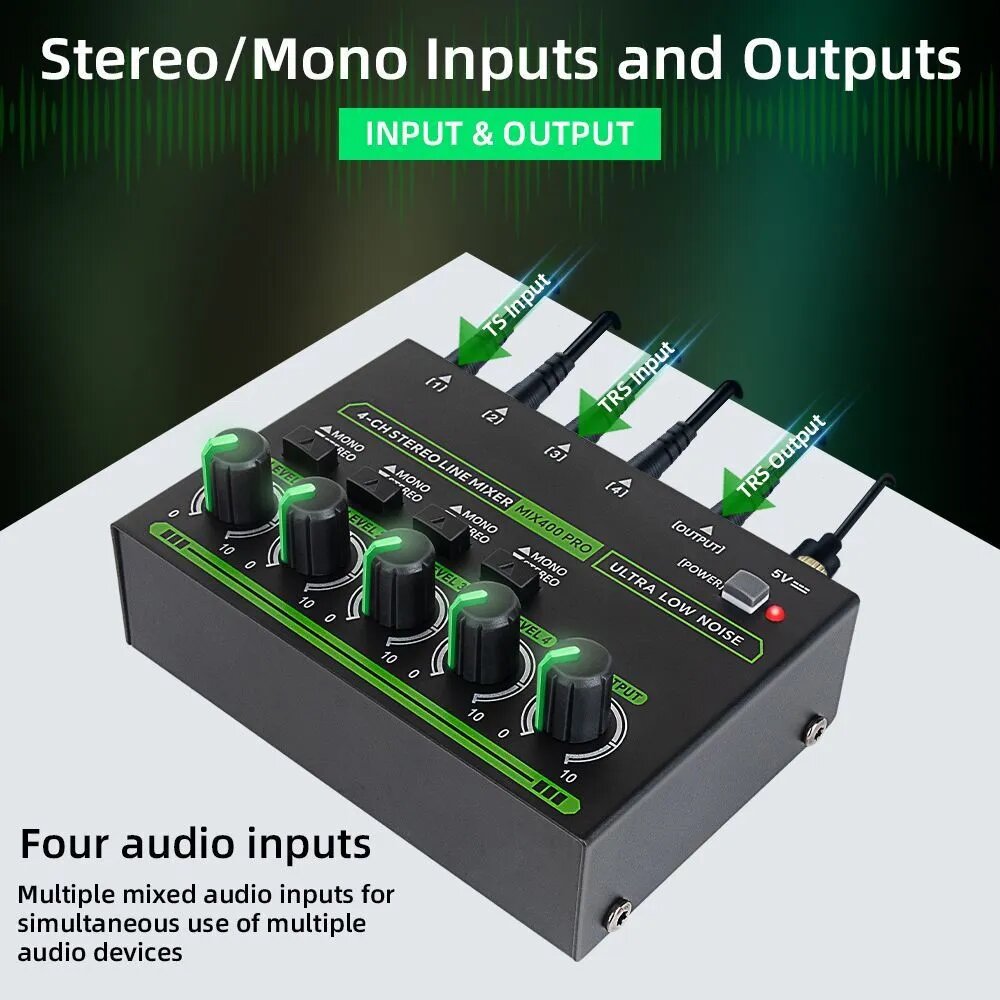 Мини-аудиомикшер 4-CH STEREO LINE MIXER MIX400 PRO, ультра низкий уровень шума — фото 1