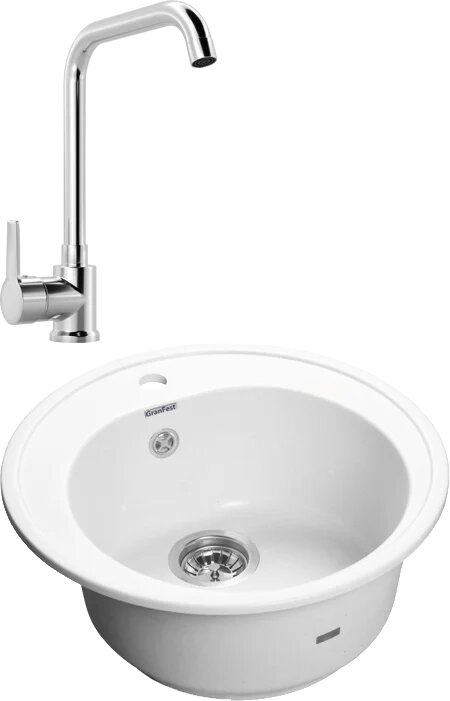 Комплект Мойка GranFest Rondo GF-R510 51x51, иней, искусственный мрамор / Смеситель MEGA Ege MG-PL10 глянцевый хром, хром