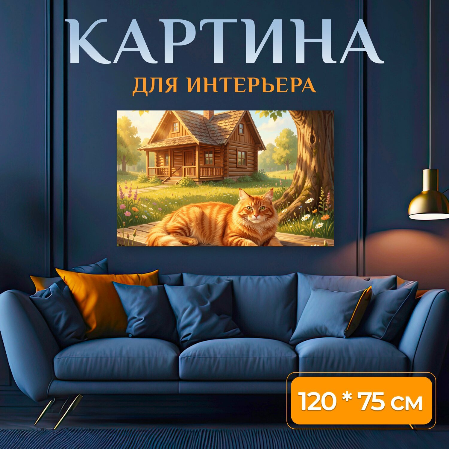 Картина на холсте "Рыжий кот у деревенского дома. Уютная летняя сцена с пушистым рыжим котом на деревянном настиле рядом с большим деревом и." на подрамнике 120х75 см. для интерьера