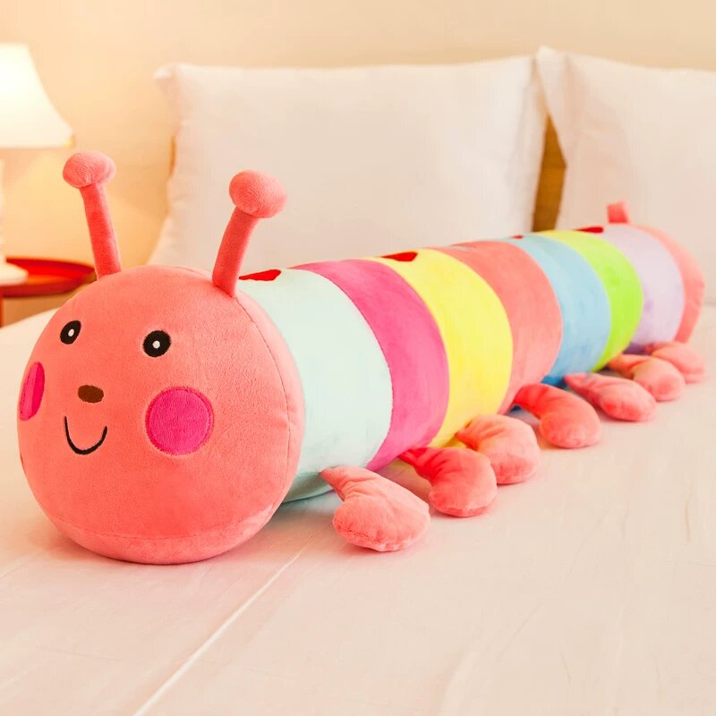 Плюшевая подушка в форме гусеницы розового цвета, длиной 130 см с молнией и наполнителем из белого ПП-пуллкотона,