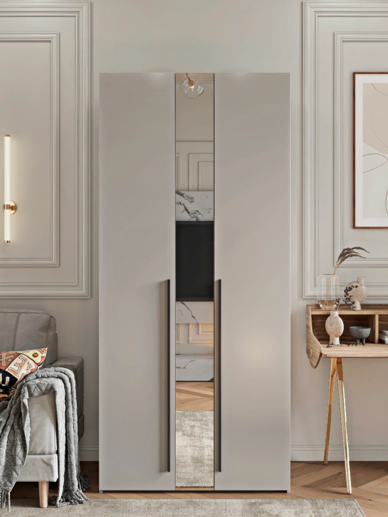 Casa Mia 85x55x210 см. Распашной шкаф для одежды с зеркалом, 2-дверный , кашемир, ручка скоба 960 мм