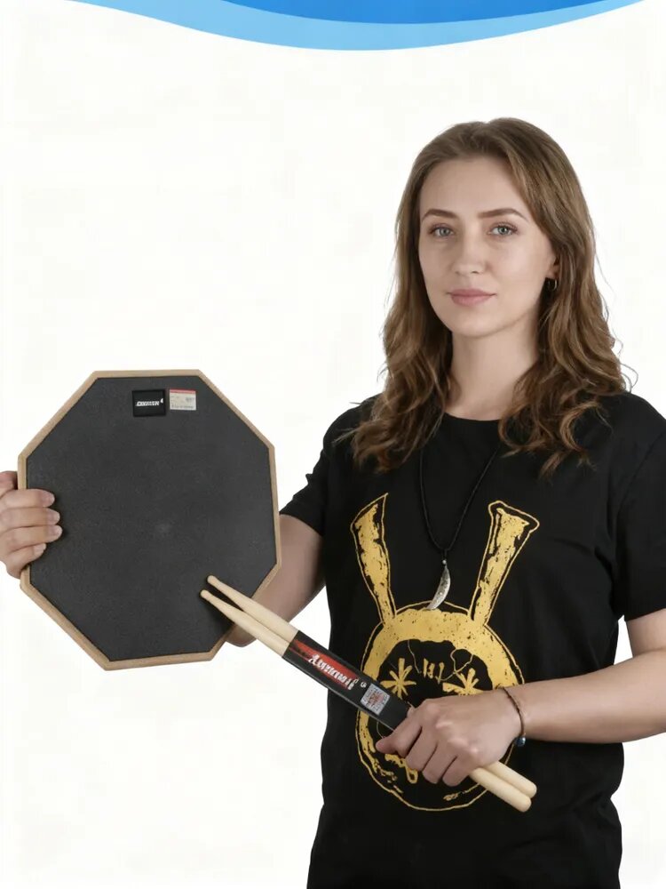 Пэд тренировочный для барабанов drum pad диаметр 30см восьмиугольный, барабанных палочек