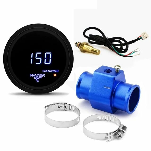 52 мм Автомобильный цифровой датчик температуры воды, синий светодиодный дисплей + соединительная трубка 34 мм с адаптером датчика 1/8 NPT, 40-150 градусов Цельсия