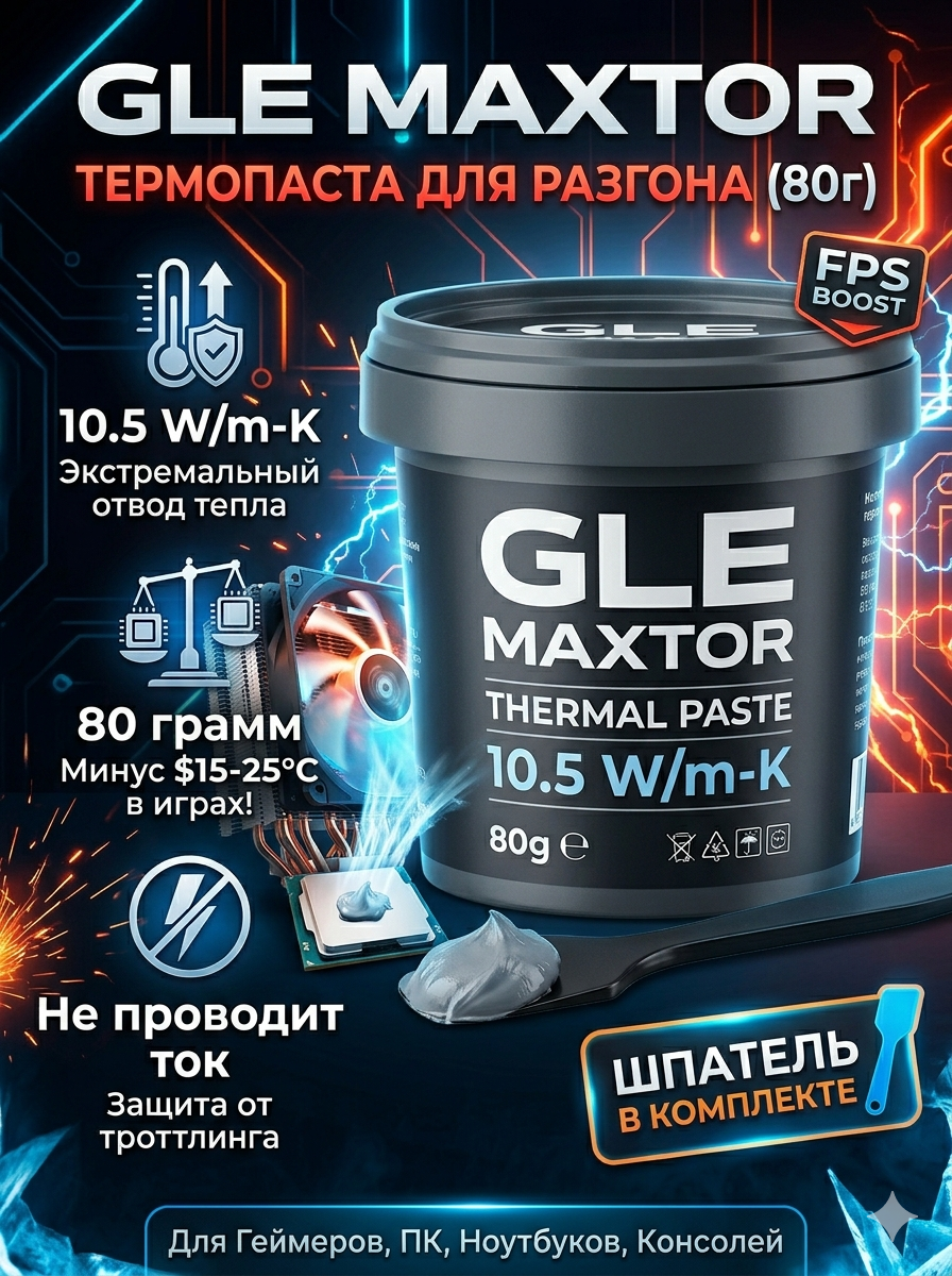 Термопаста GLE Maxtor 80 грамм, теплопроводность 10.5 W/m-K + Набор