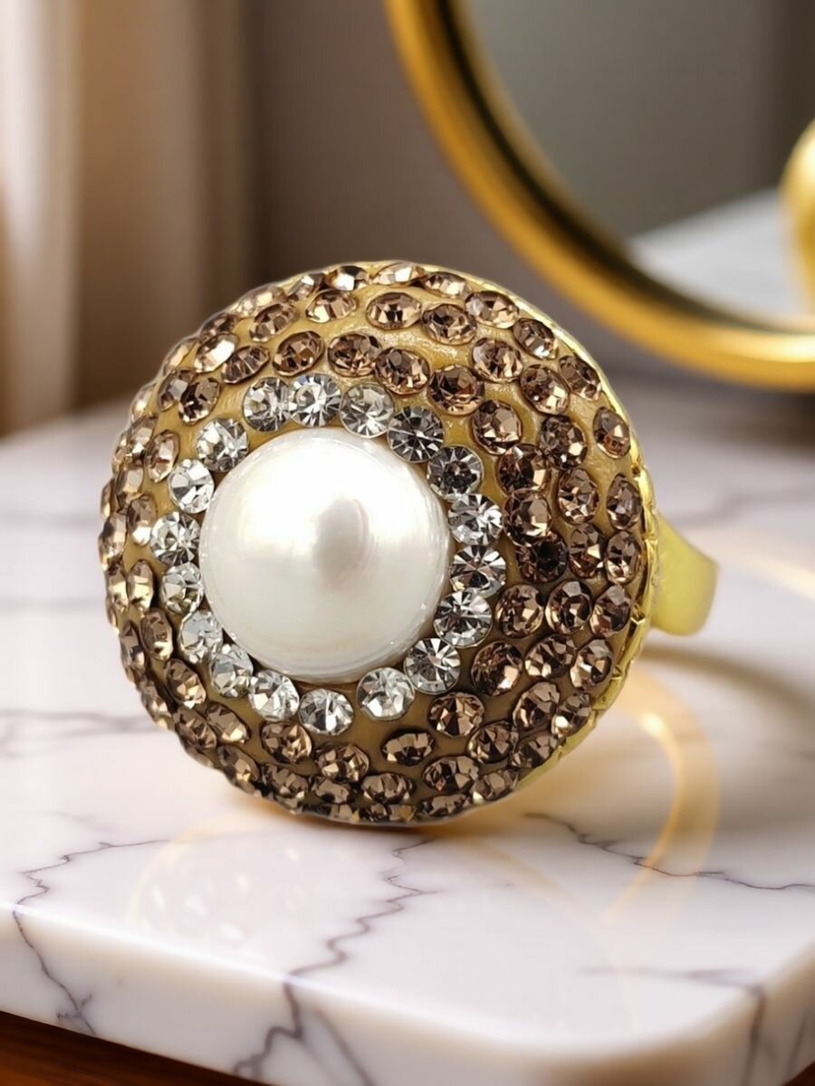 Кольцо, жемчуг культивированный, кристалл