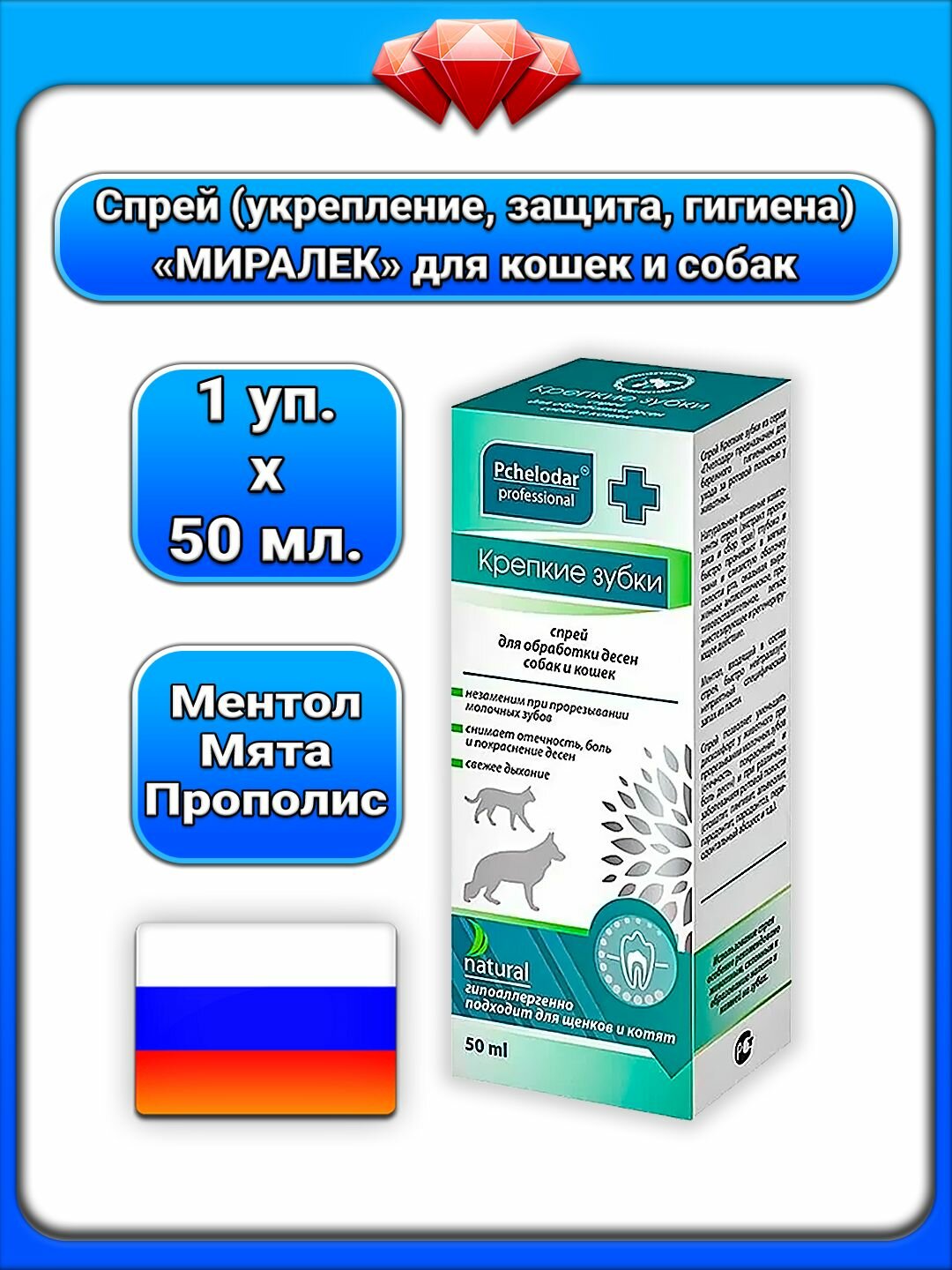 (1 x 50 мл) / Pchelodar, Спрей Крепкие Зубки для обработки десен, для собак и кошек, уход за полостью рта, укрепление десен, защита от воспалений, гигиена и свежесть дыхания
