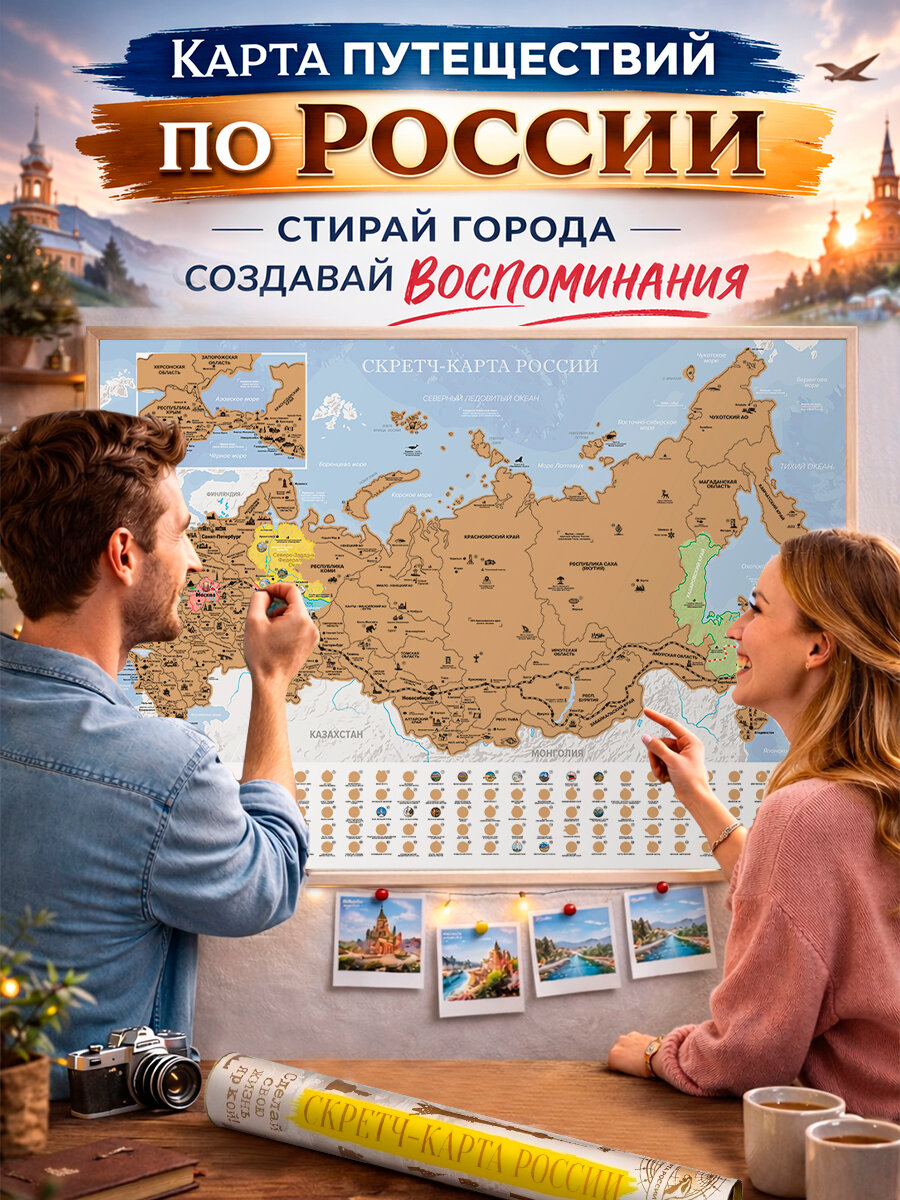 Скретч карта России "Путешествуй и стирай" настенная, географическая карта в тубусе, 60х85 см