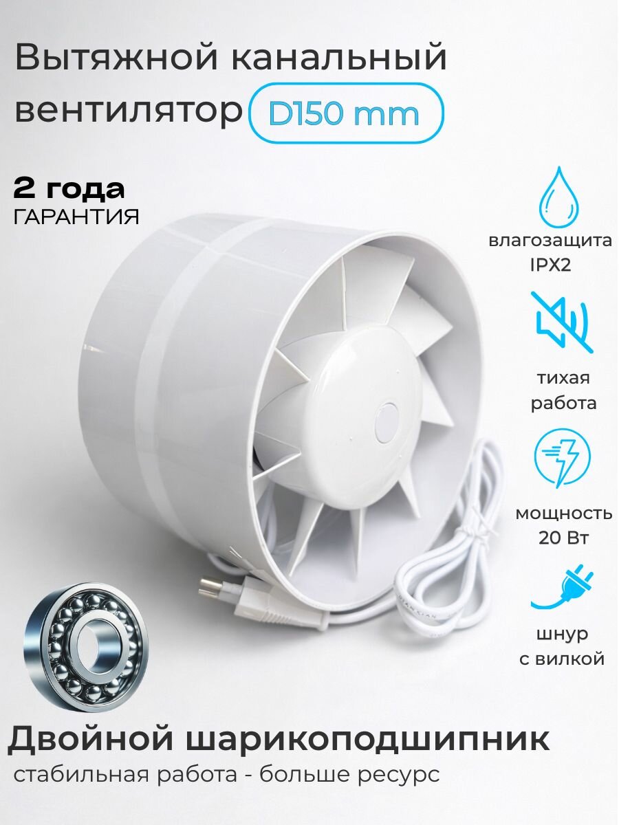Канальный осевой вентилятор приточно-вытяжной осевой, тихий, диаметр 150 мм (для кухни, ванной, санузла, туалета)