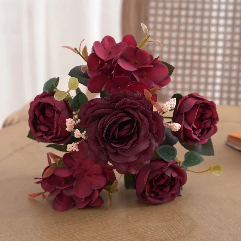 Искусственные цветы шелковые пионы и гортензии Бордовый, Style C 25