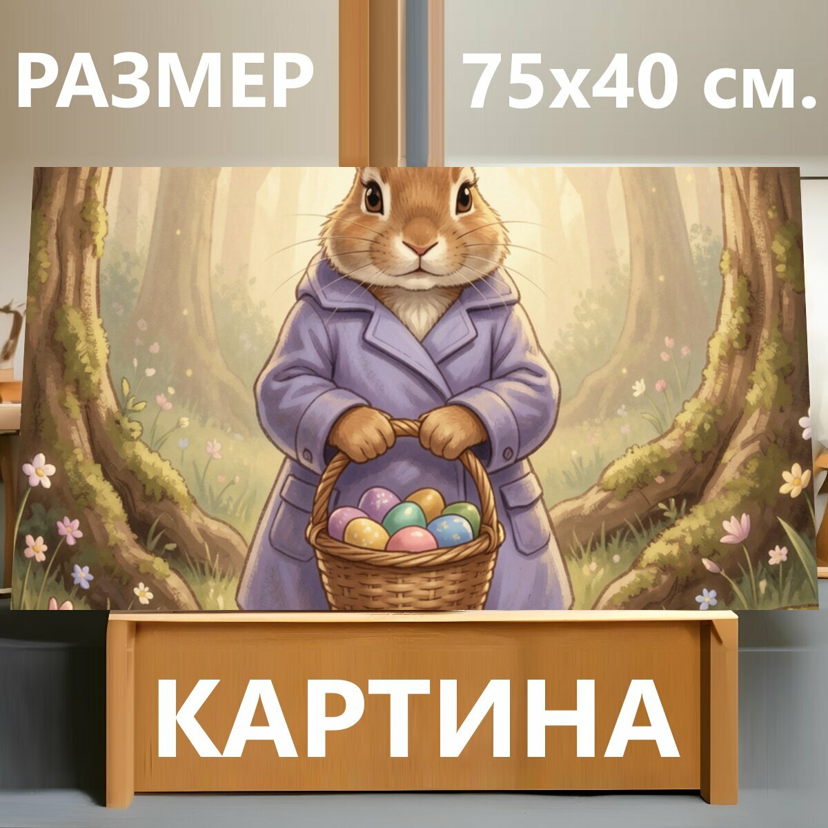 Картина на холсте "Кролик с корзиной пасхальных яиц. Милый зайчик в лиловом пальто держит плетёную корзинку с разноцветными яйцами в сказочном." на подрамнике 75х40 см. для интерьера