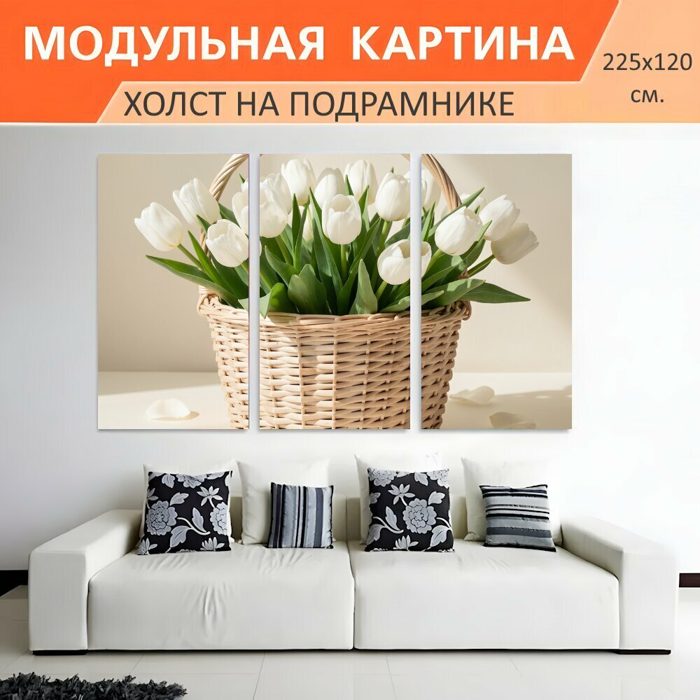 Модульная картина на холсте "Корзина из светлого плетёного материала, наполненная белыми тюльпанами с зелёными листьями, стоит на." триптих на подрамнике 225х120 см. для интерьера