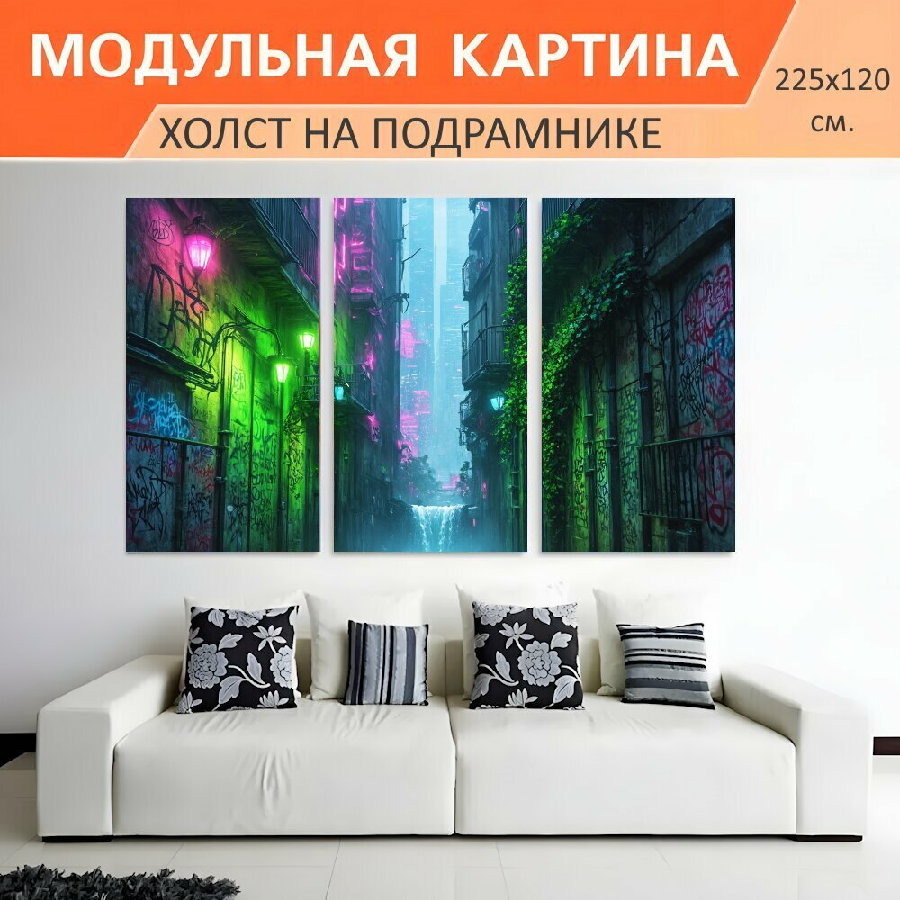 Модульная картина на холсте "Футуристический городской пейзаж в неоновых тонах, узкий переулок между двумя многоэтажными зданиями." триптих на подрамнике 225х120 см. для интерьера