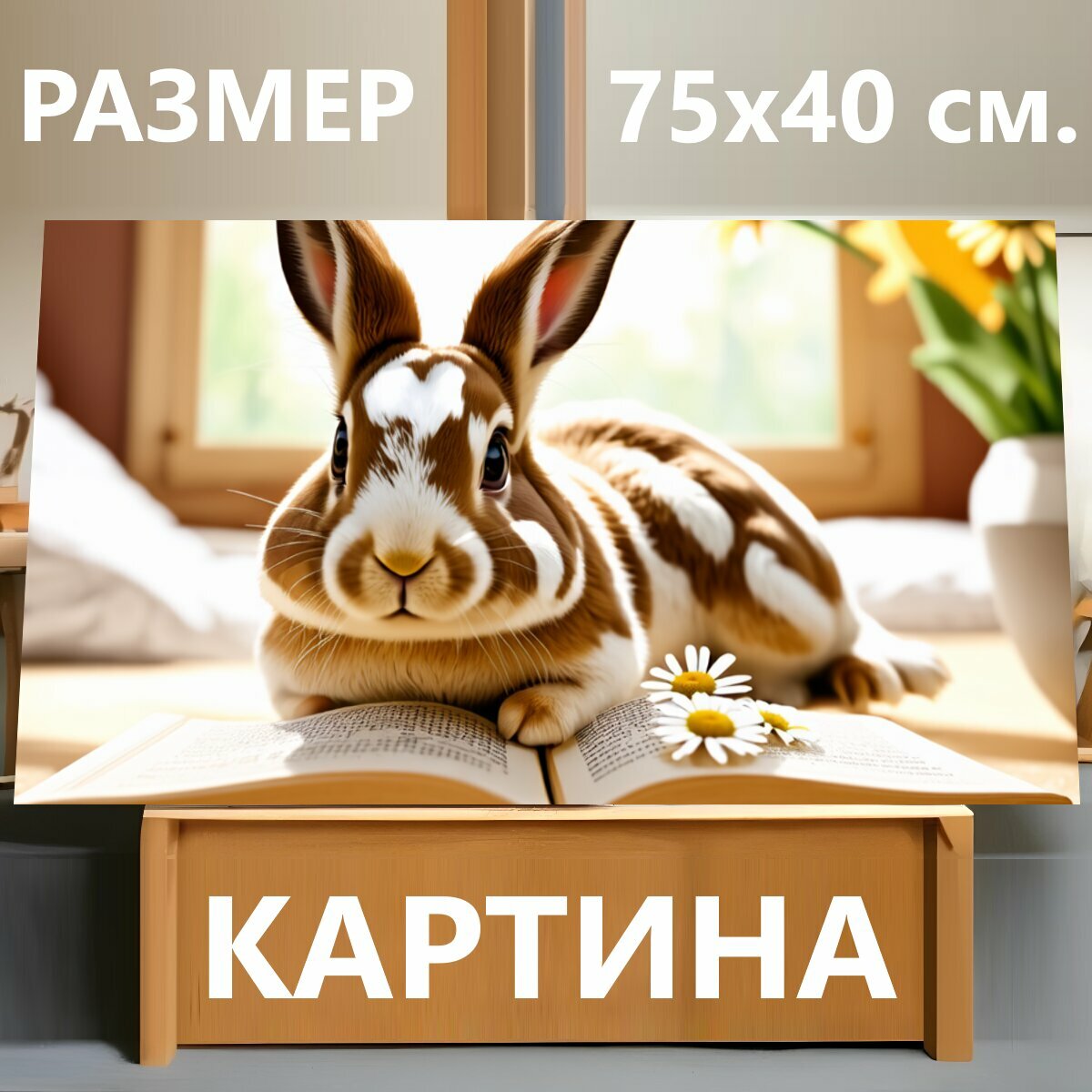 Картина на холсте "Кролик с белыми и коричневыми пятнами лежит на раскрытой книге, на его теле и книге лежат ромашки, в фоне солнце, окно." на подрамнике 75х40 см. для интерьера