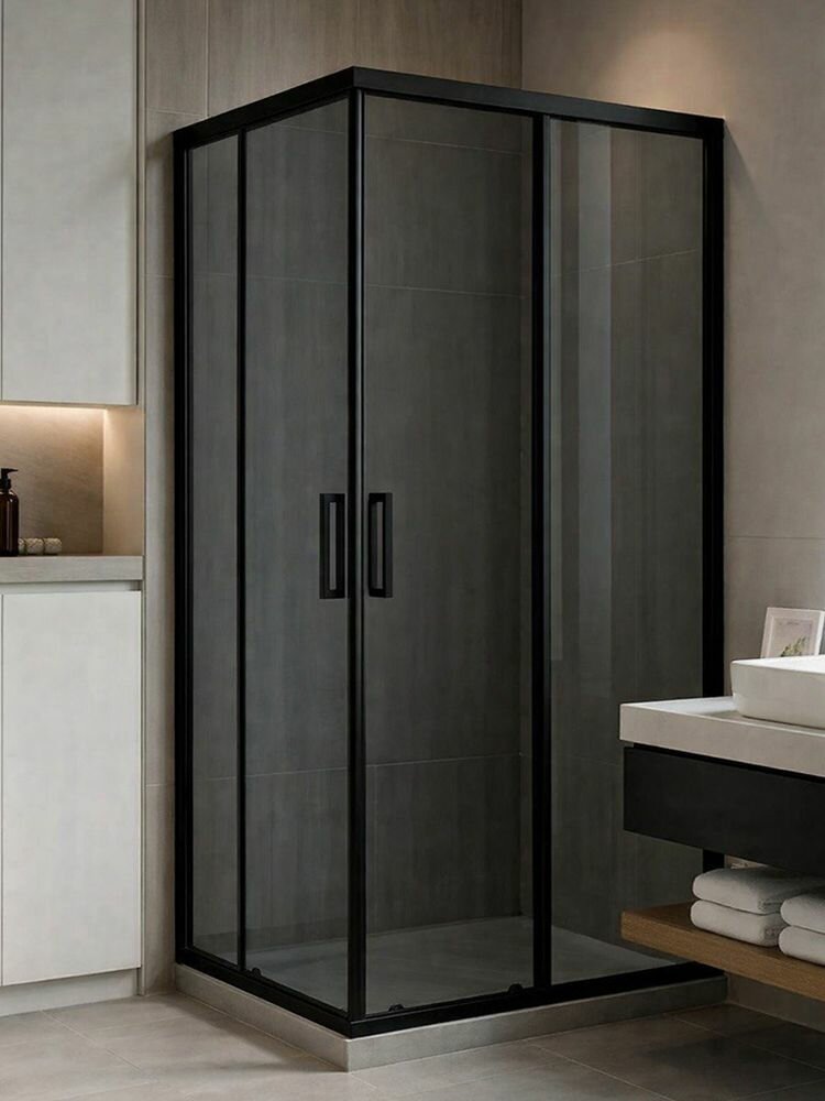 Душевой уголок Royal Bath 75х75х200 закаленное стекло 6 мм тонированное профиль черный матовый