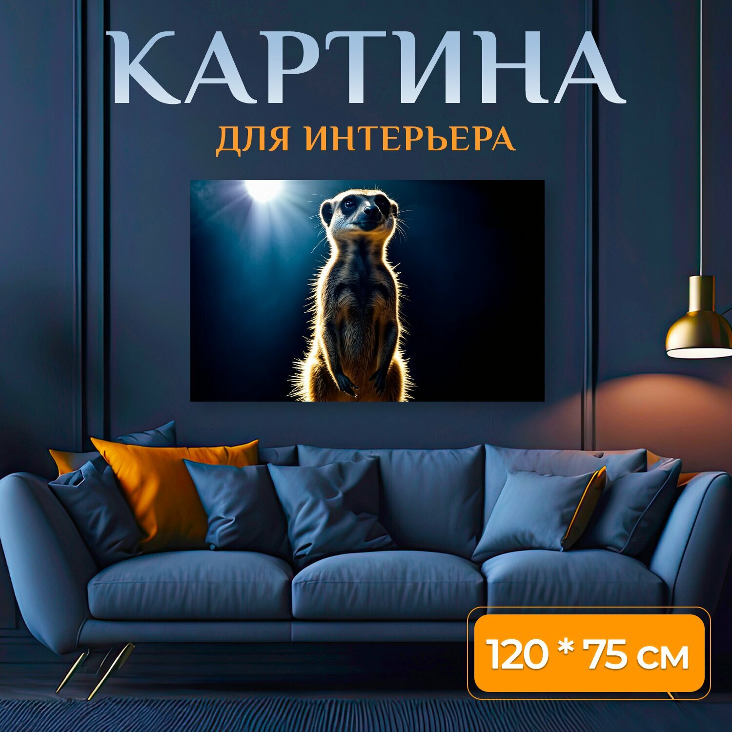 Картина на холсте "Силуэт суриката на сцене, освещённый ярким светом сверху, на темном фоне. Сурикат стоит прямо, создавая эффект загадочности." на подрамнике 120х75 см. для интерьера