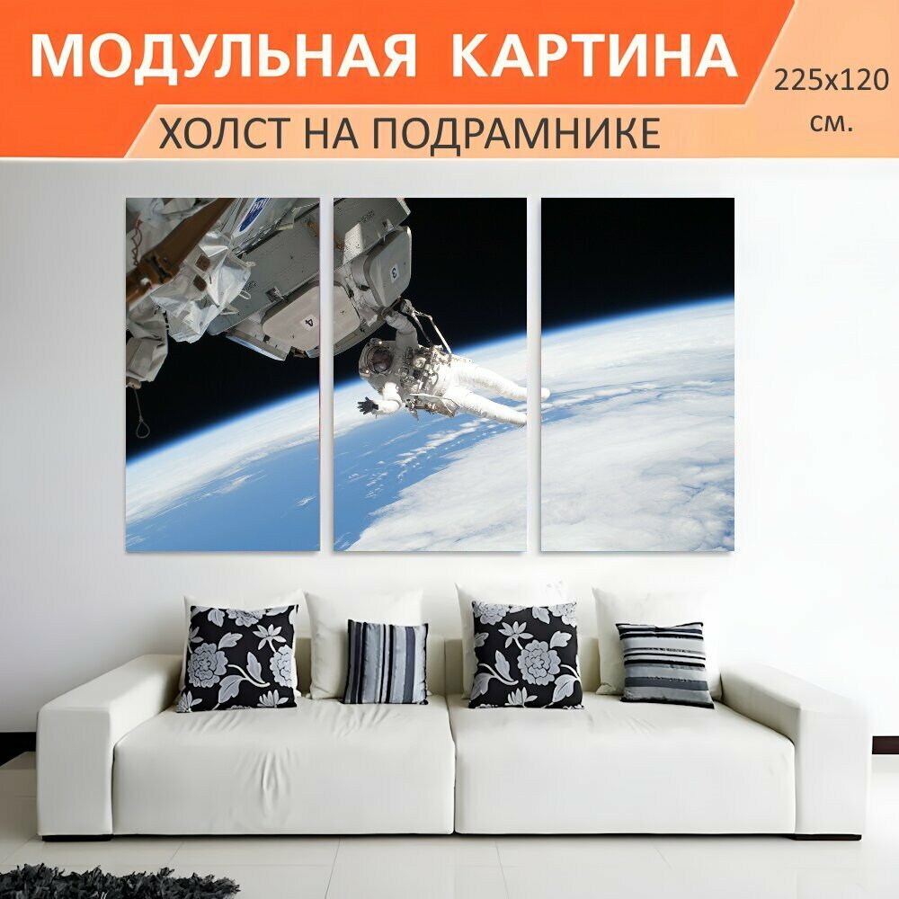 Модульная картина на холсте "Космонавт, международная космическая станция, выход в открытый космос" триптих на подрамнике 225х120 см. для интерьера