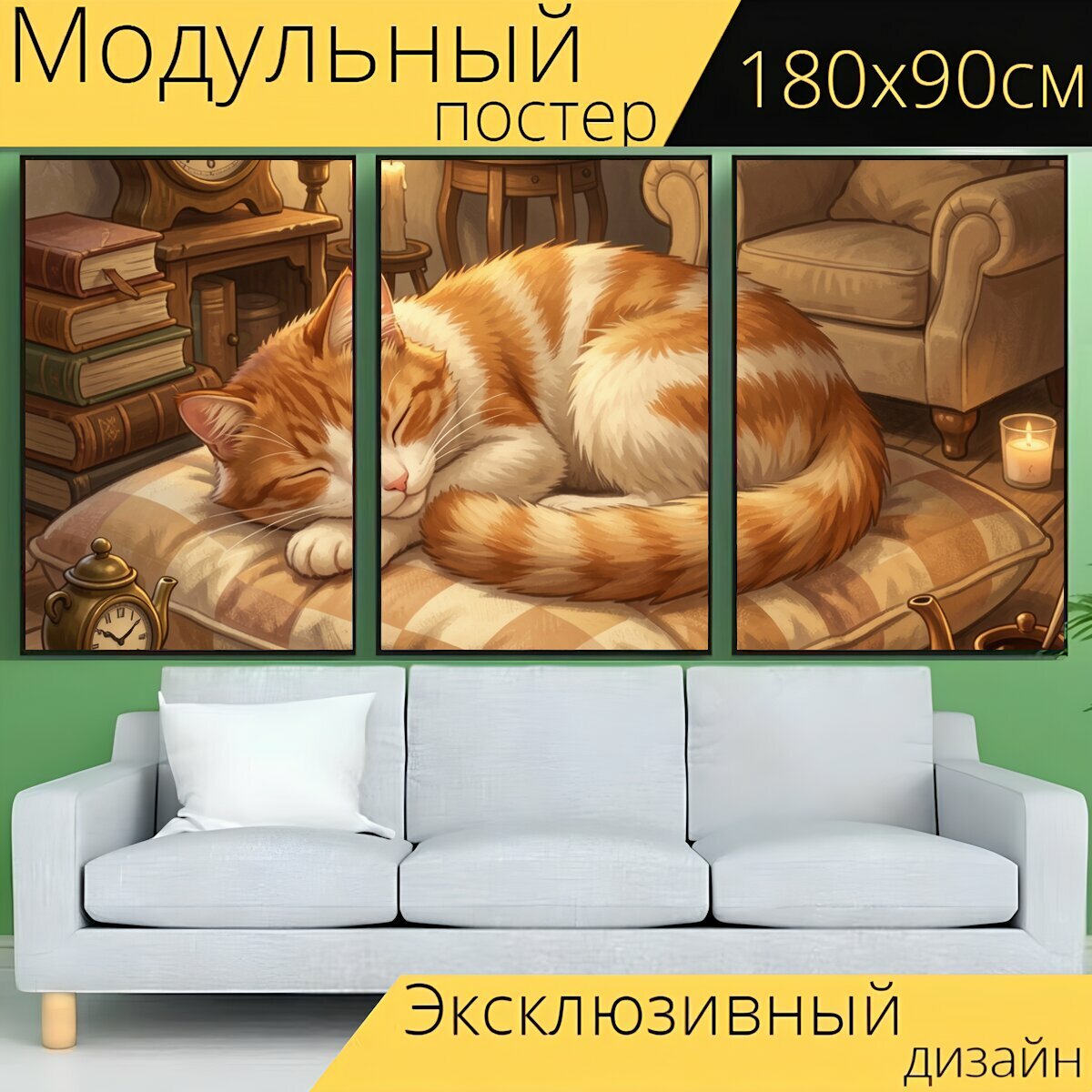 Модульный постер "Спящий рыжий кот в уютной комнате. Тёплая домашняя сцена с дремлющим рыже-белым котом на мягкой подушке, свечами." 180 x 90 см. для интерьера на стену в тубусе