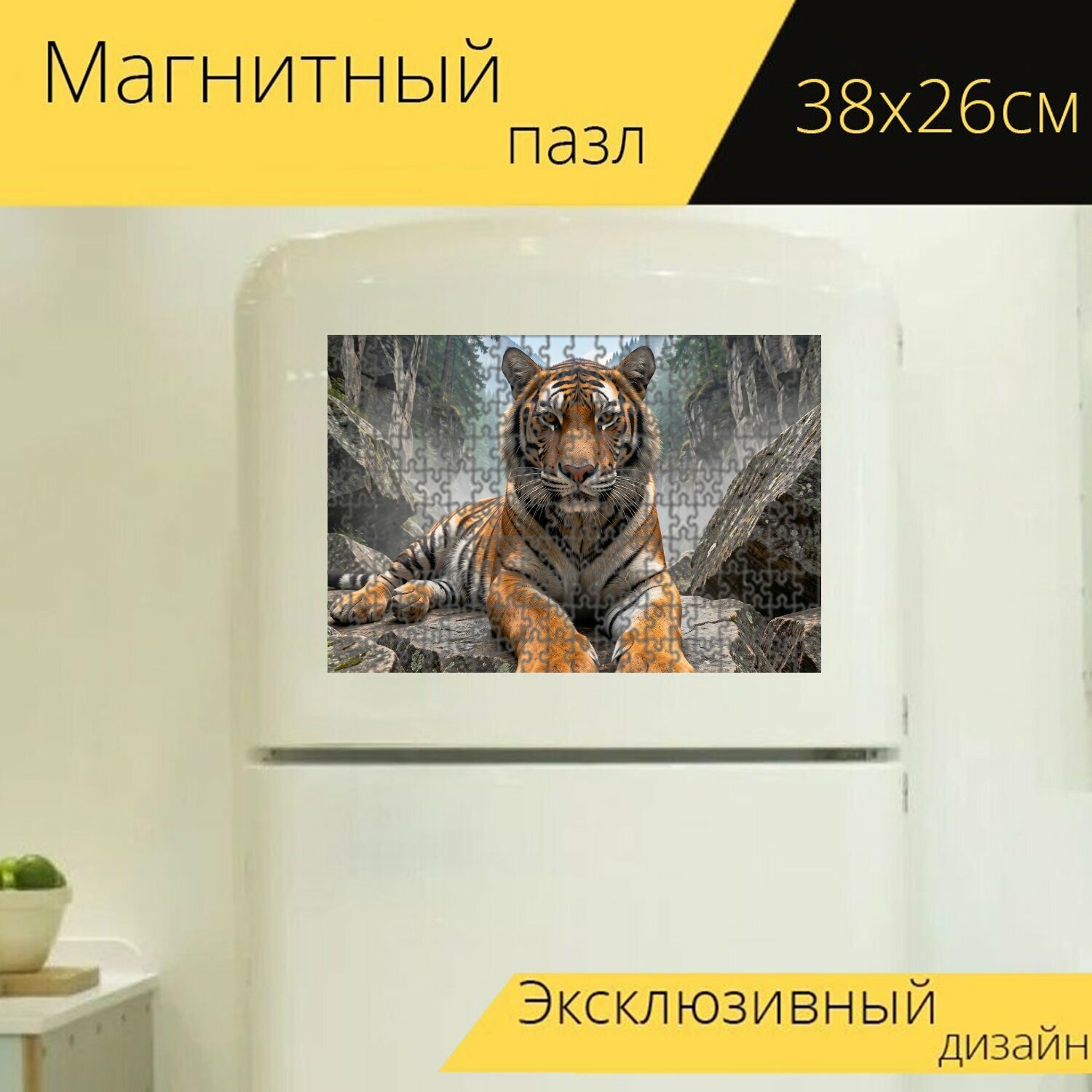 Магнитный пазл "Тигр в горном ущелье. Реалистичный крупный хищник на камнях среди скал и хвойного леса, туманная долина, синие небеса, оранжево-чёрные." для интерьера, 38х26 см.