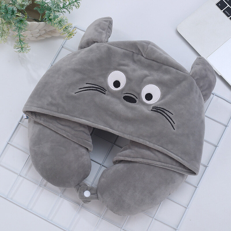 Мультяшная U-образная подушка, шляпа с капюшоном, хлопковая подушка для шеи, ортопедическая подушка, подушка для обеденного перерыва, подушка для путешествий на самолете, милая подушка для шеи
