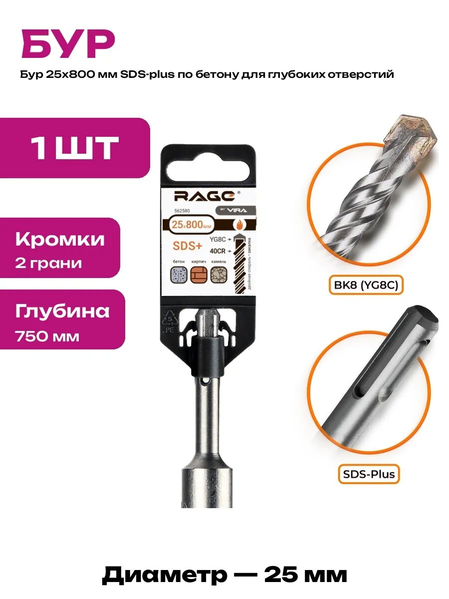 Бур для перфоратора 25х800 мм SDS-plus по бетону и кирпичу
