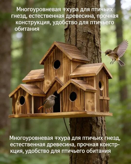 Скворечник деревянный, 20.7х16.7х14.7см: домик для птиц с жердочкой и съемной крышей. Для сада, парка и дачи, привлечения синиц, воробьев и скворцов.