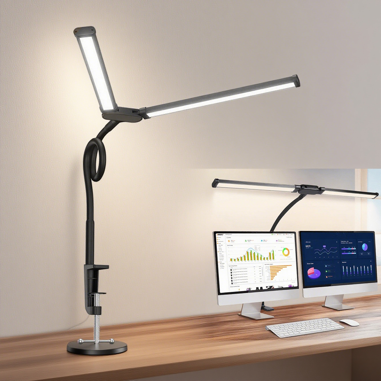 LED Видеосвет с Двумя Головами PU498B Гибкий Настольный Фоновый Свет 3000K-6500K 10 Уровней Яркости с Клеем-Клеем для Стола USB Питание