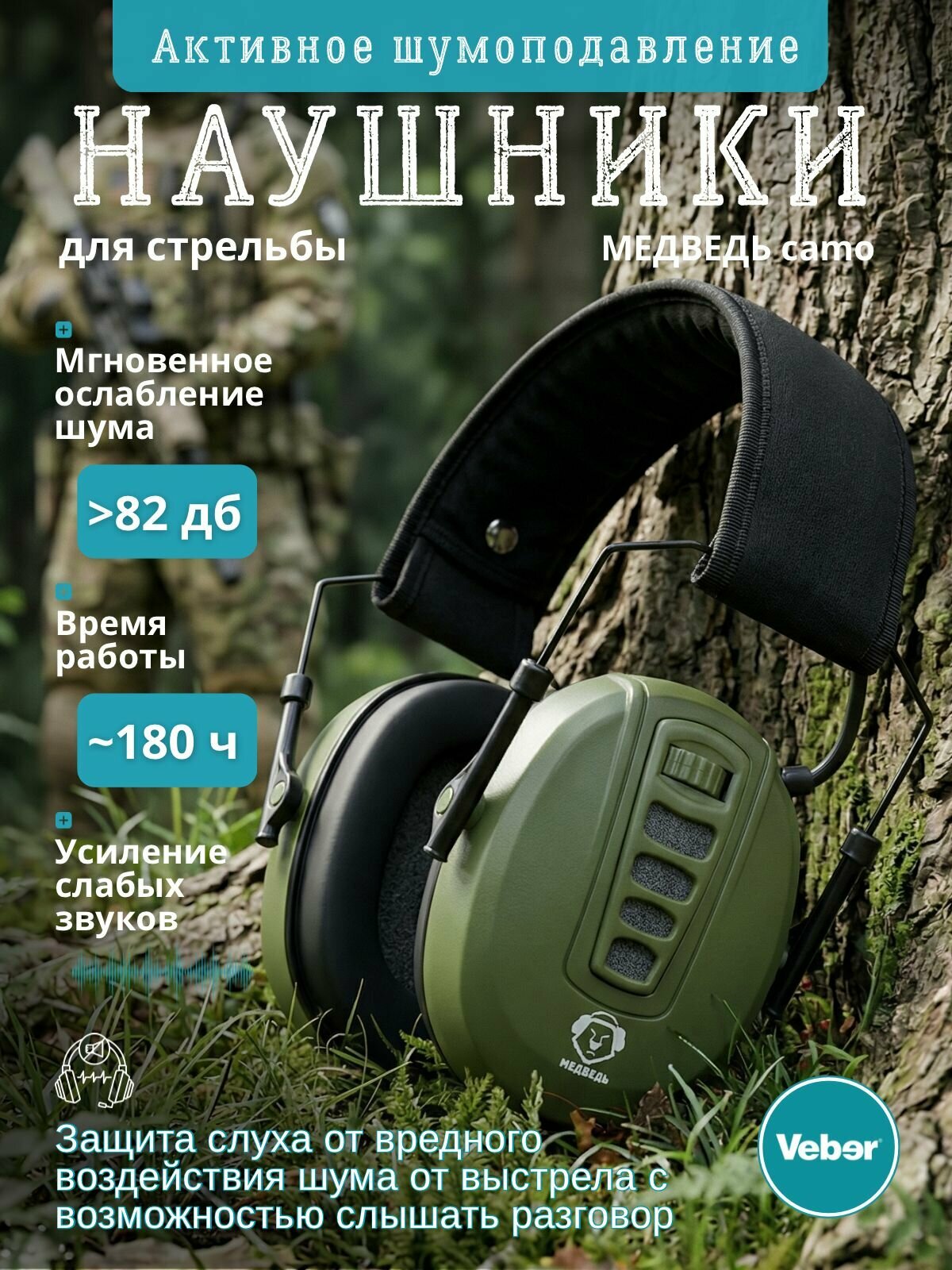 Наушники тактические активные с активным шумоподавлением Медведь camo тактические для стрельбы, охоты, спортивные, стерео звук, защита слуха