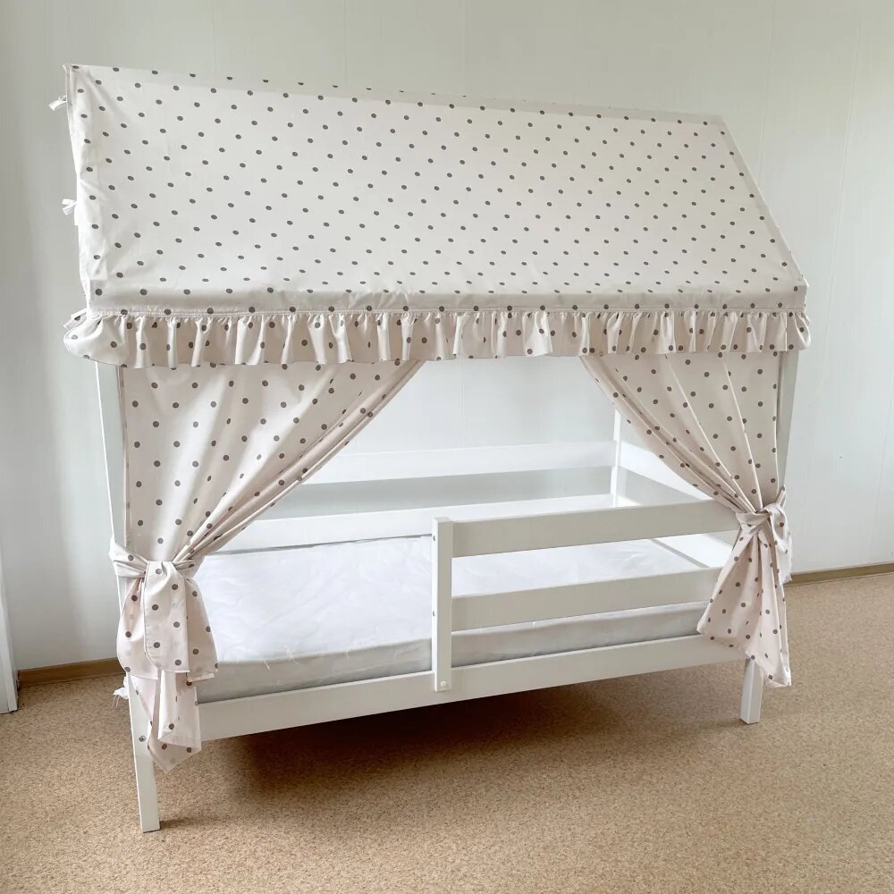 Балдахин на кроватку домик 80х160 см (горох). Крыша на кровать домик со шторками ТД-48