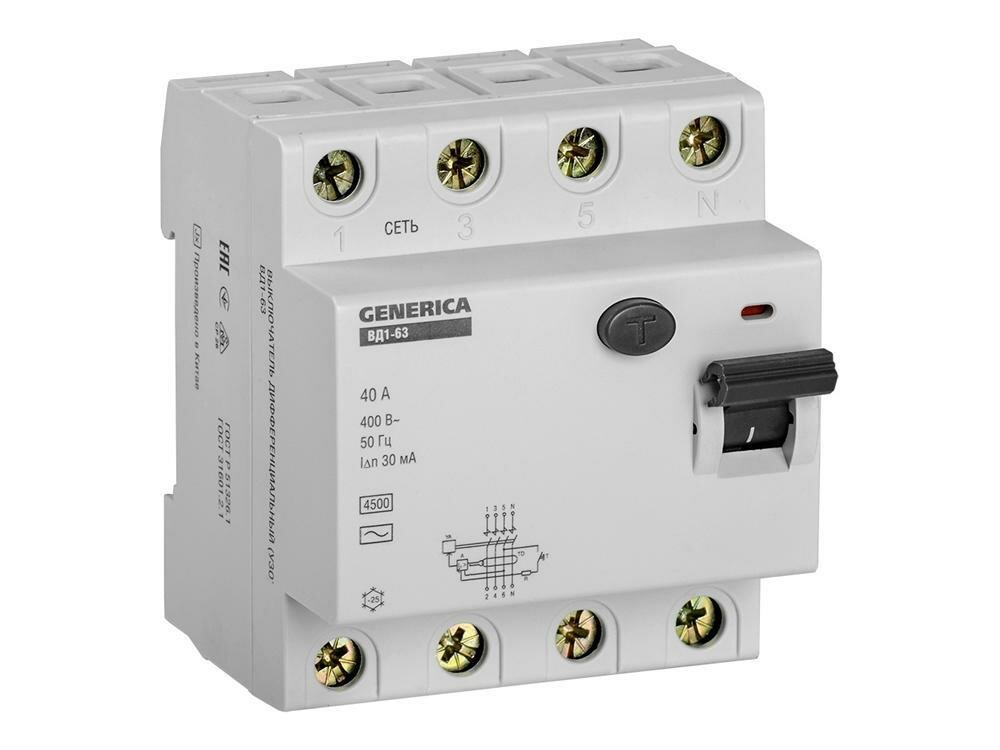 Выключатель дифф. тока УЗО IEK ВД1-63 Generica MDV15-4-040-030 40A 4.5kA 30мА AC 4П 400В 4мод серый (упак:1шт)