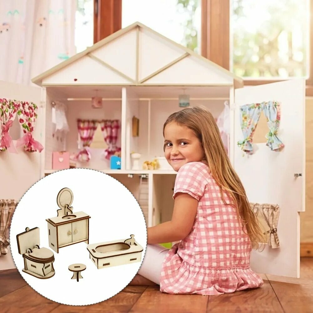 Игровой набор из дерева с мини ванной и мини туалетом для декора дома