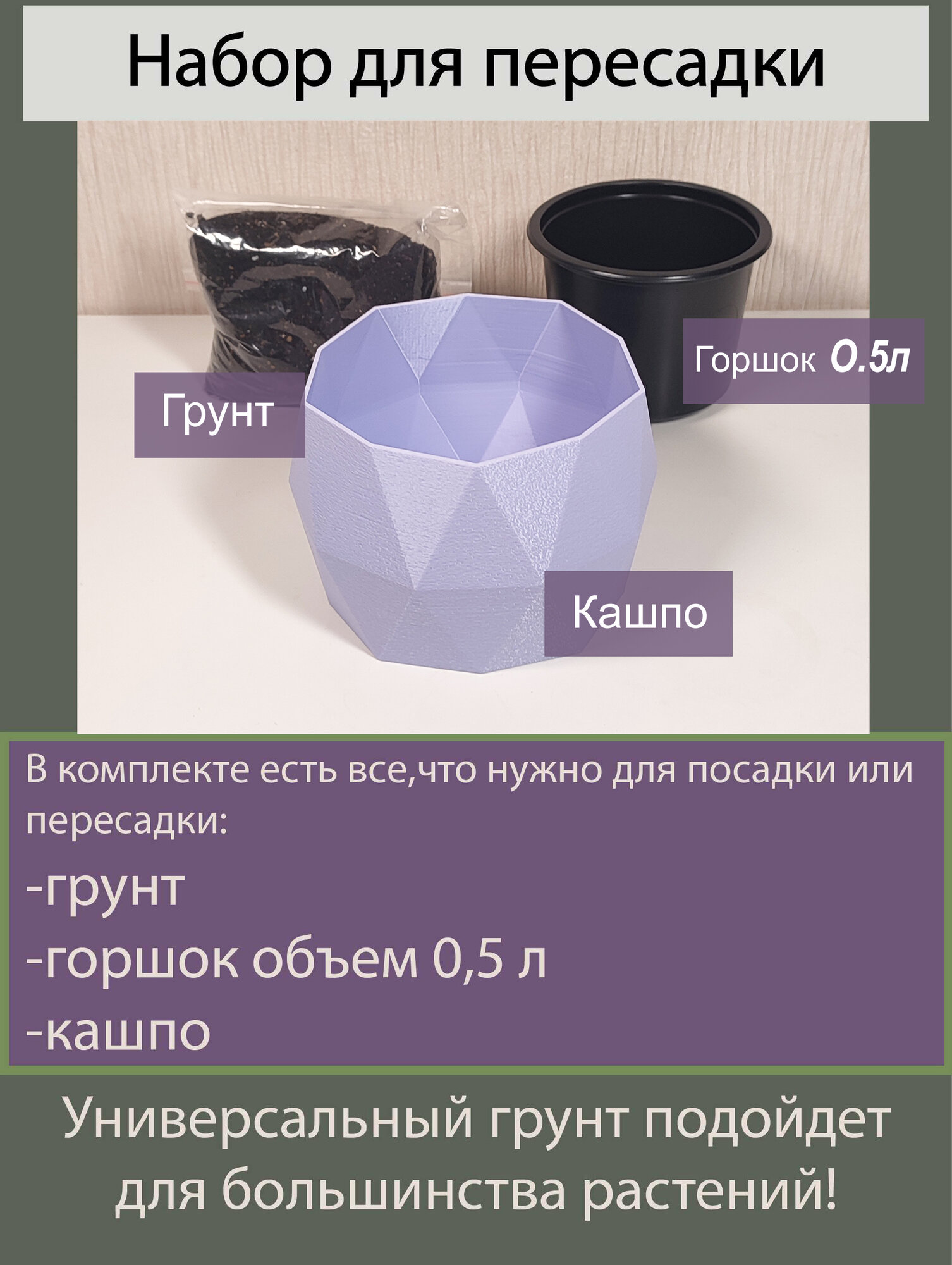 Набор для пересадки - кашпо, горшок, грунт