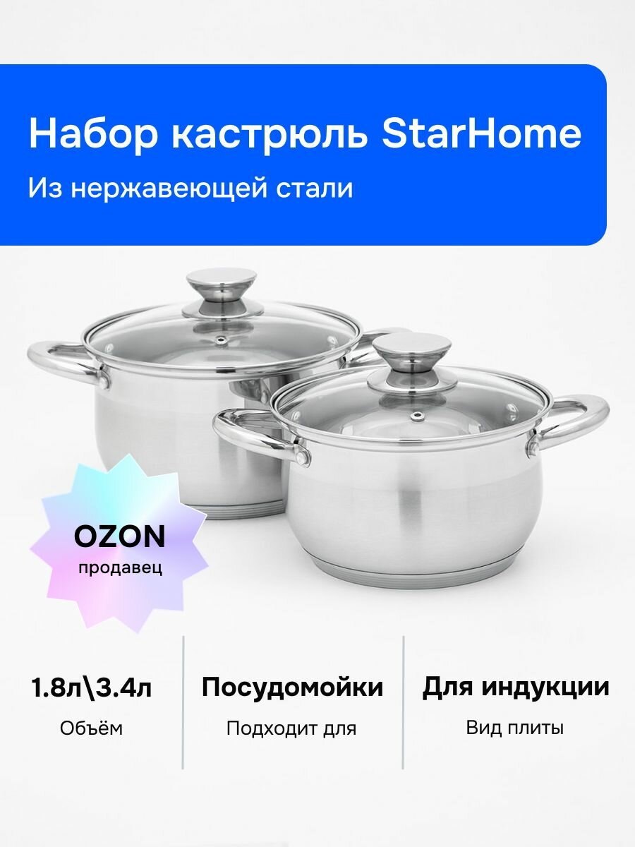 Набор кастрюль из нержавеющей стали, 1.8л+3.4л, 2шт, для всех видов плит, StarHome